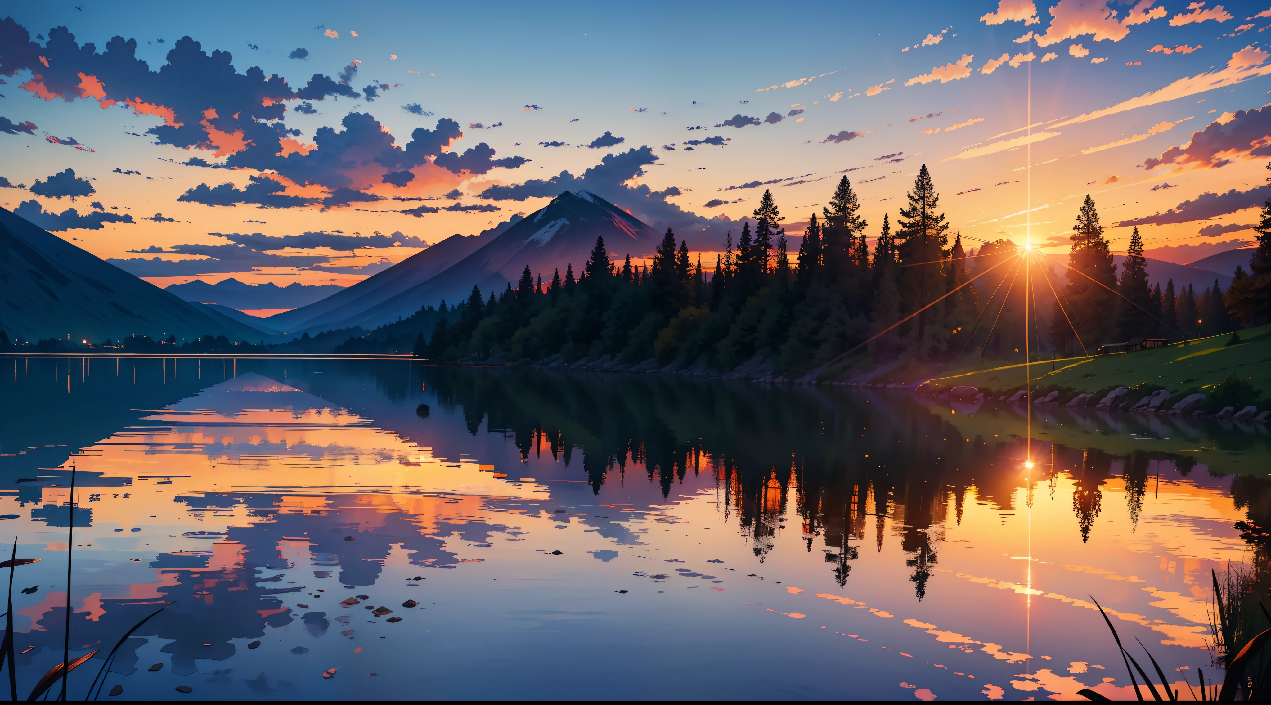beautiful sunset in evening with a lake reflecting it, orange, upper ...