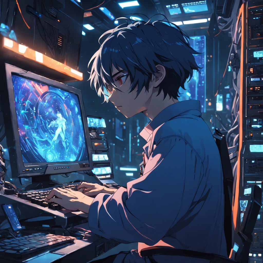 Anime boy sitting at a computer desk with a monitor and keyboard ...