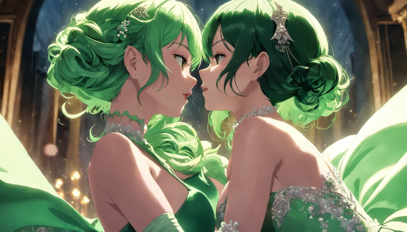 Two women in green dresses are kissing in front of a mirror - SeaArt AI