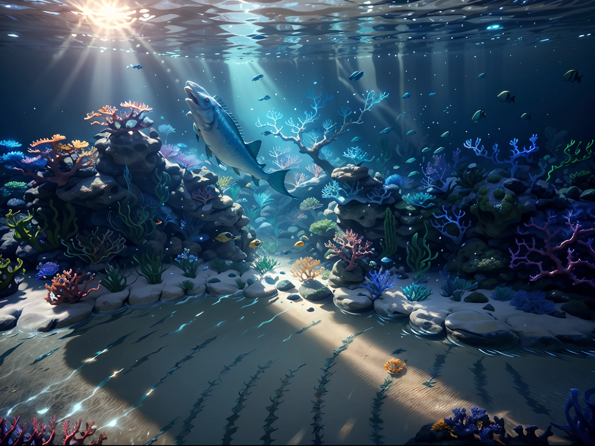 an underwater game scene with fishes and corals, sun shine through the ...