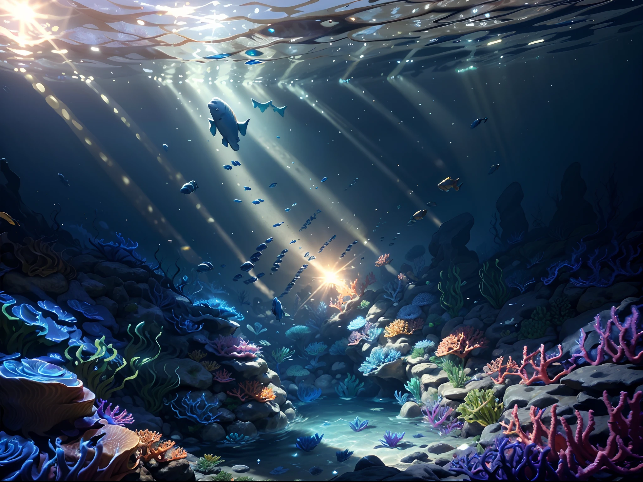 an underwater game scene with fishes and corals, sun shine through the ...