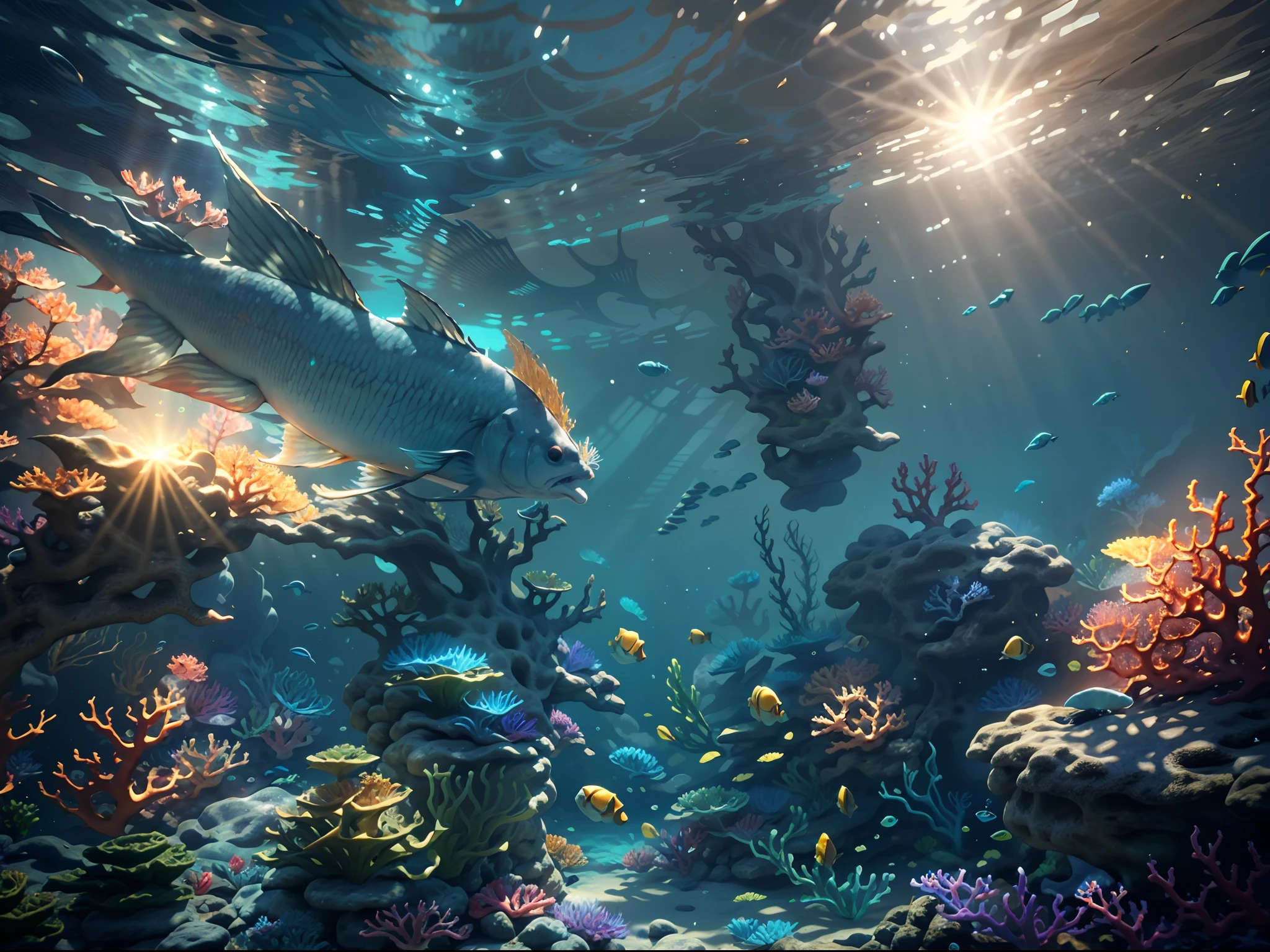 an underwater game scene with fishes and corals, sun shine through the ...
