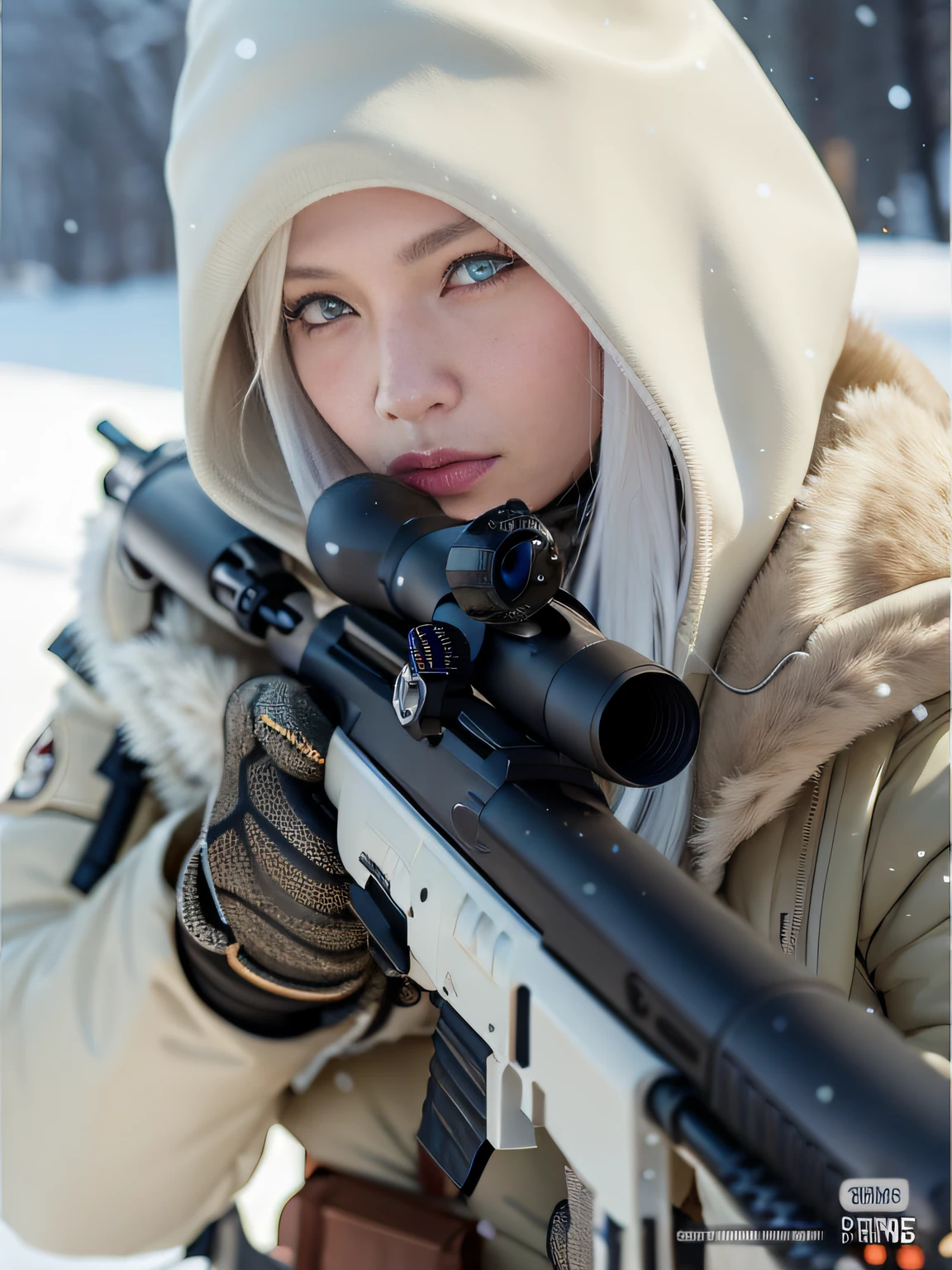 Blonde woman holding rifle in winter coat, Guviz-style artwork, with rifle, of a sniper girl in ...
