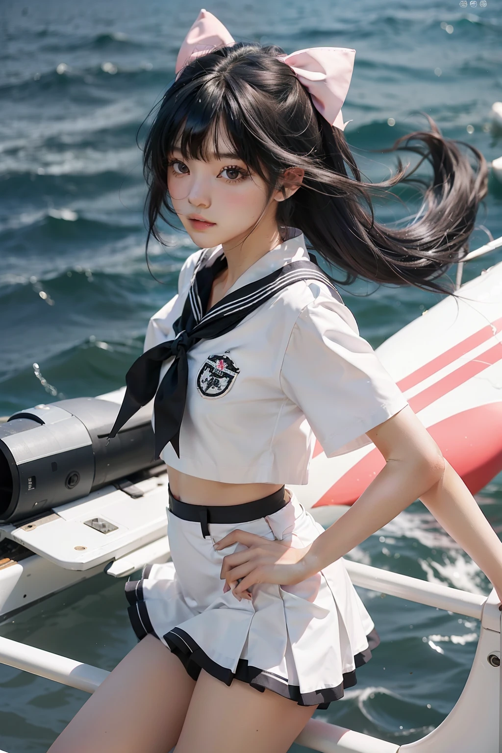 Arafed asian girl in sailor outfit posing on a boat - SeaArt AI