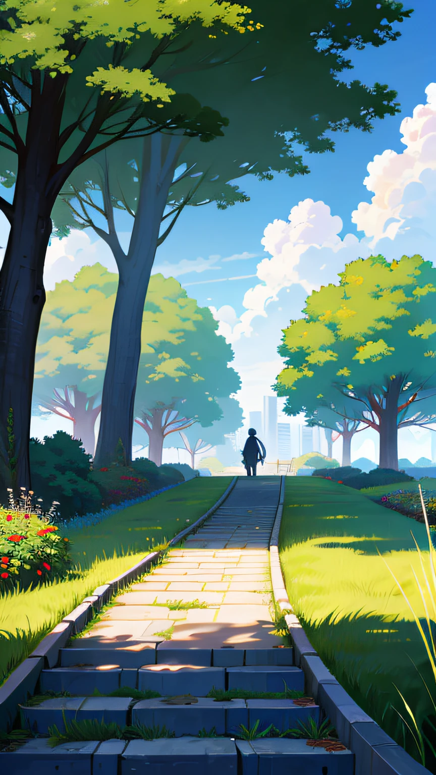 A man walking down a path in a park with trees - SeaArt AI