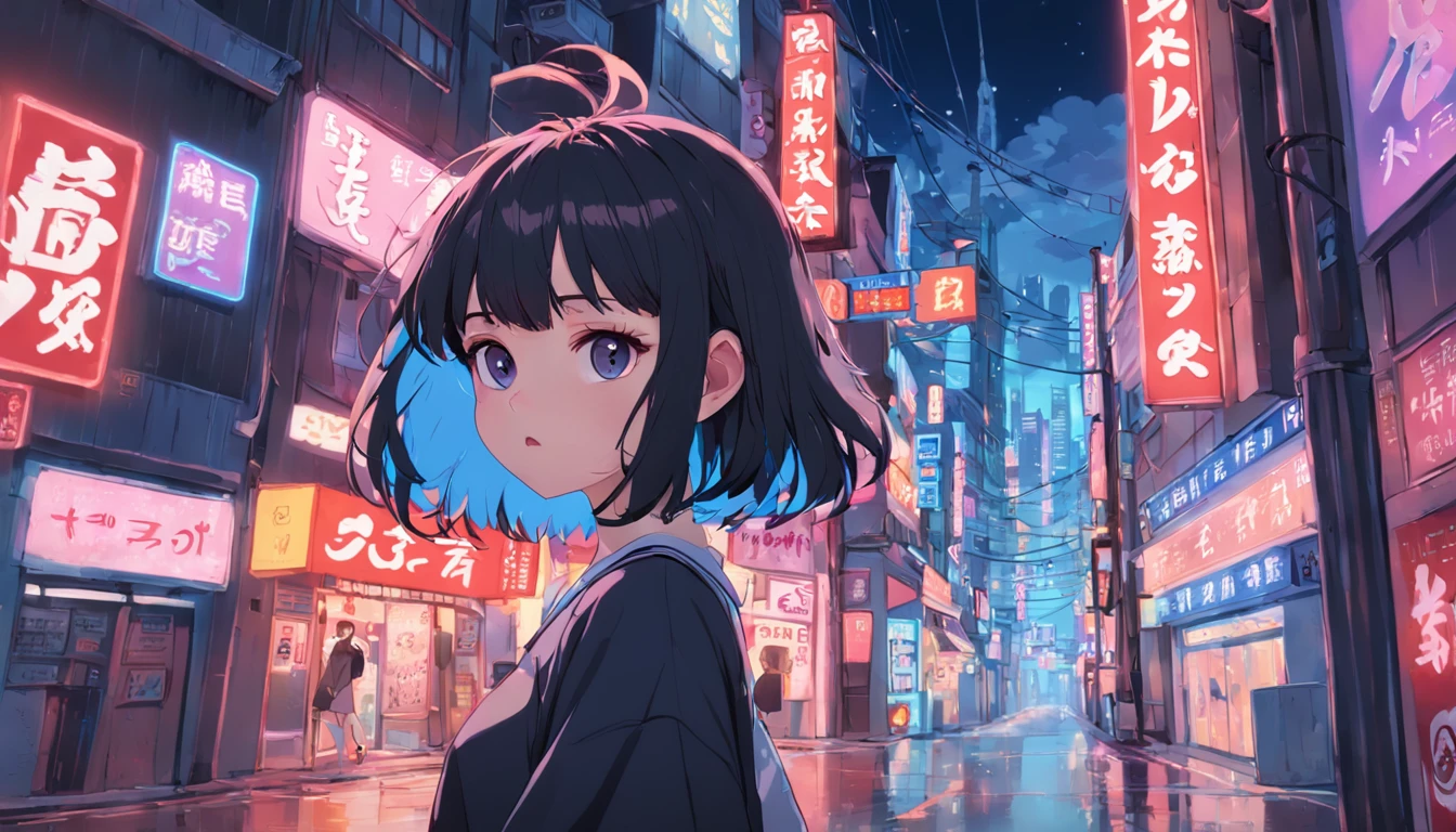 Anime girl in a city at night with neon signs - SeaArt AI