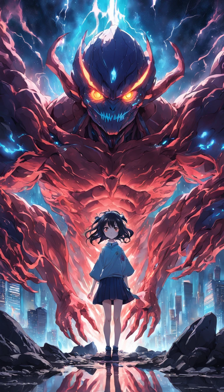 A girl stands in front of a giant demonic monster with a red face ...