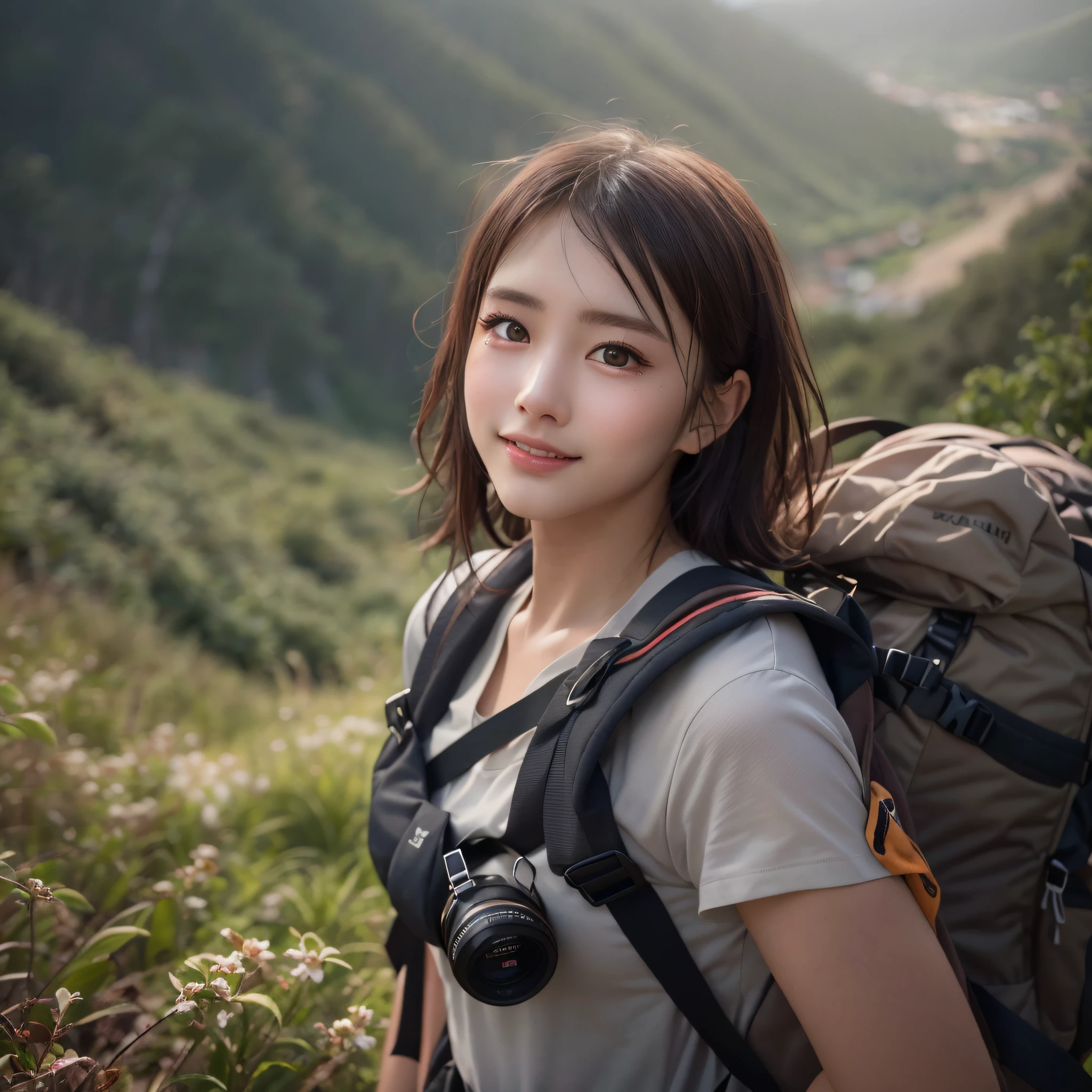 野原でバックパックとカメラを持ったアラビアのアジア人女性 Seaart Ai