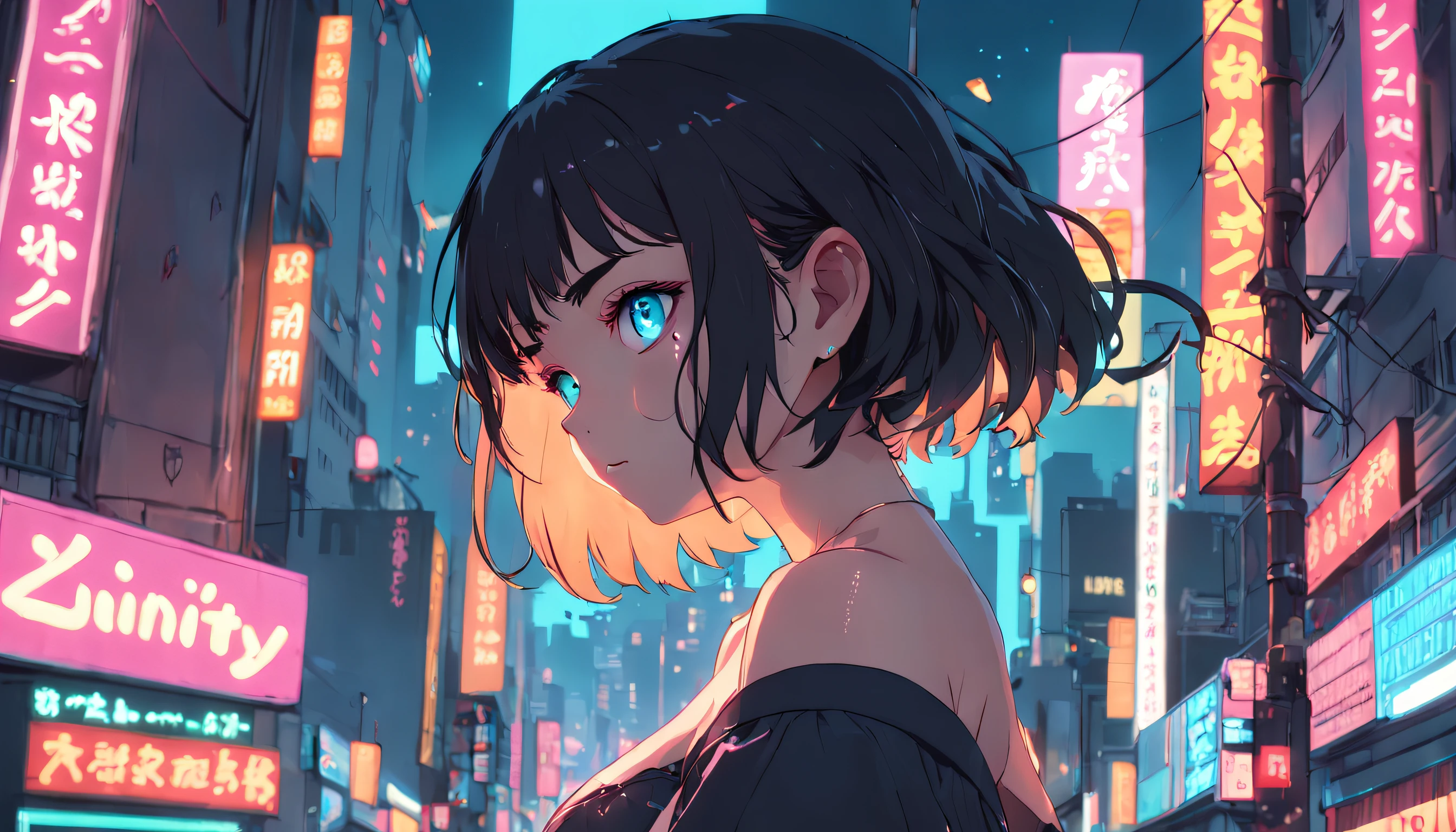 Anime girl in a city at night with neon signs - SeaArt AI