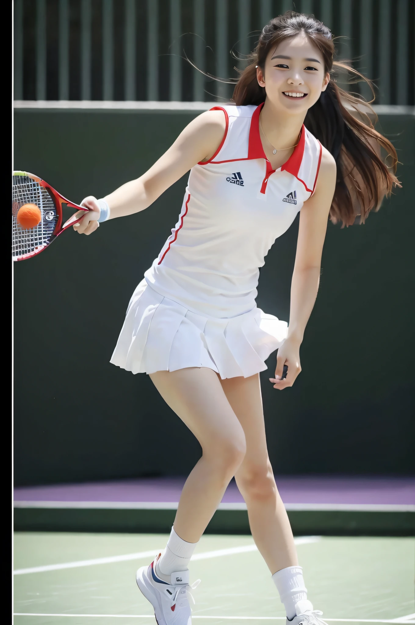 白と赤の衣装を着てテニスをするアラフィフの女性テニス選手 - SeaArt AI