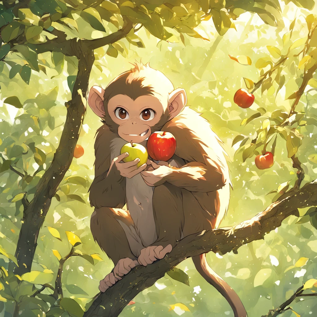Little monkey eating apples in a tree - SeaArt AI