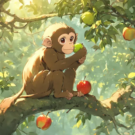 Little monkey eating apples in a tree - SeaArt AI