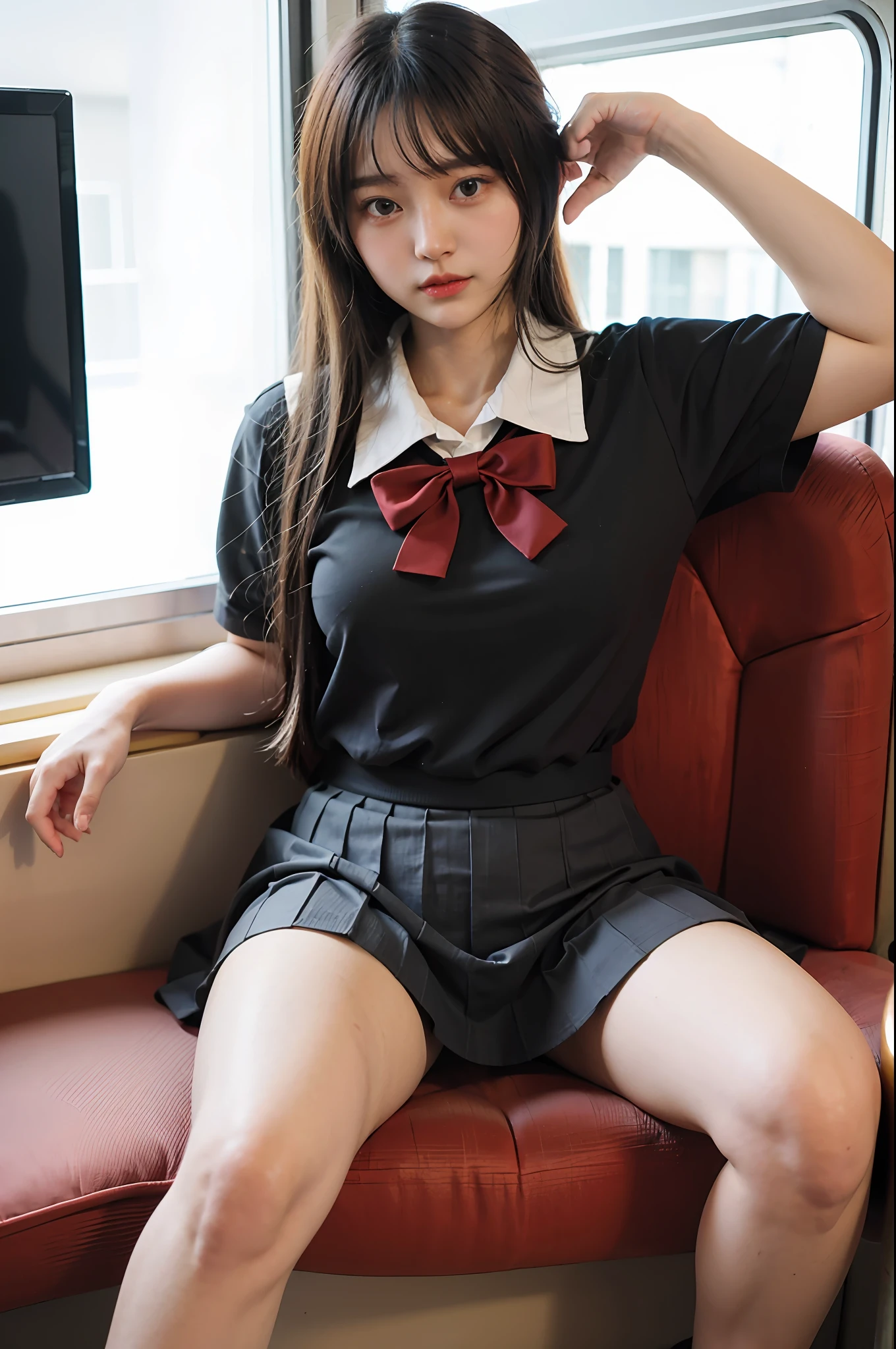 Low angle shot,arafed asian woman in a short skirt and bow tie sitting on a train, cute ...