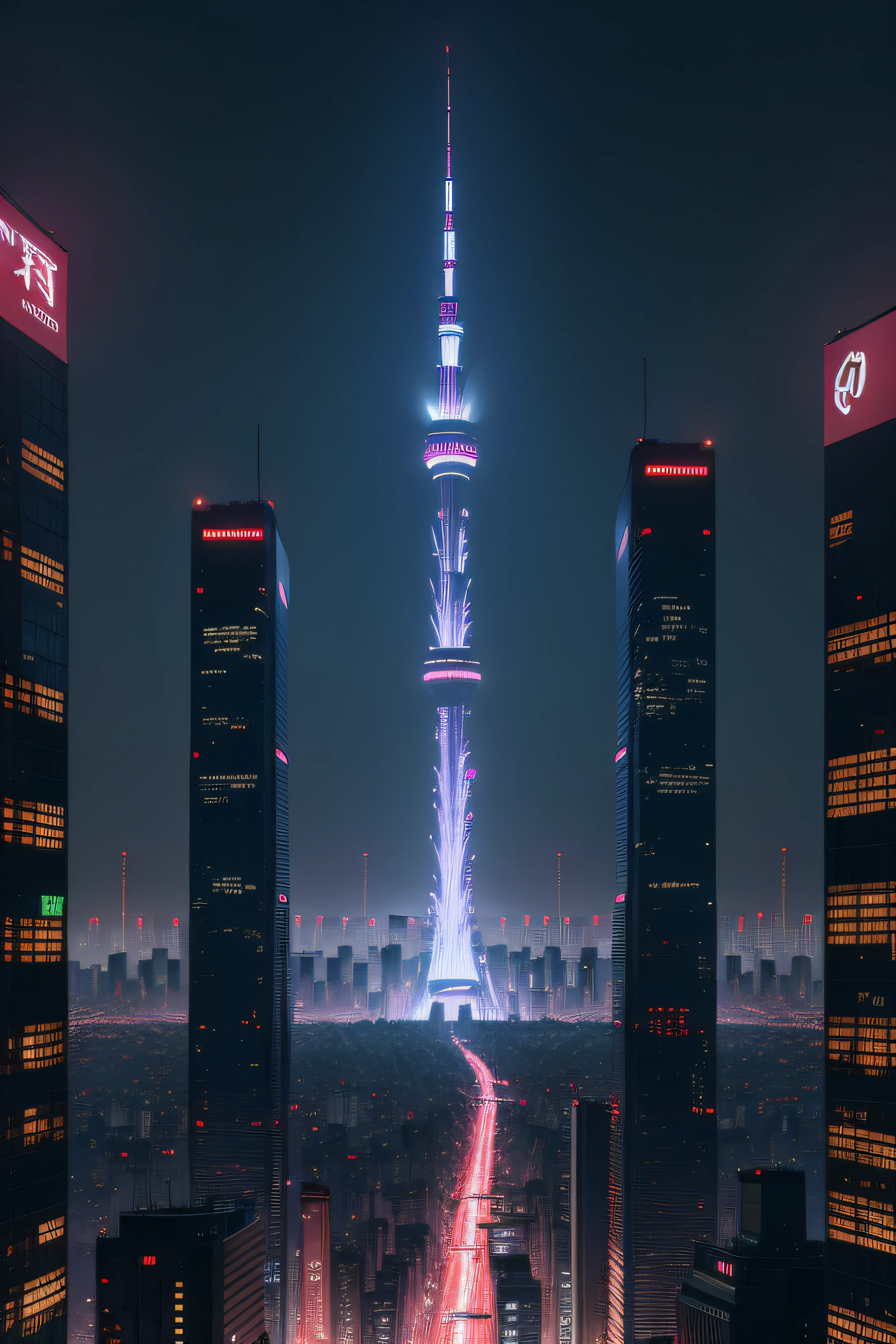 Arafed view of a city at night with a tall tower - SeaArt AI