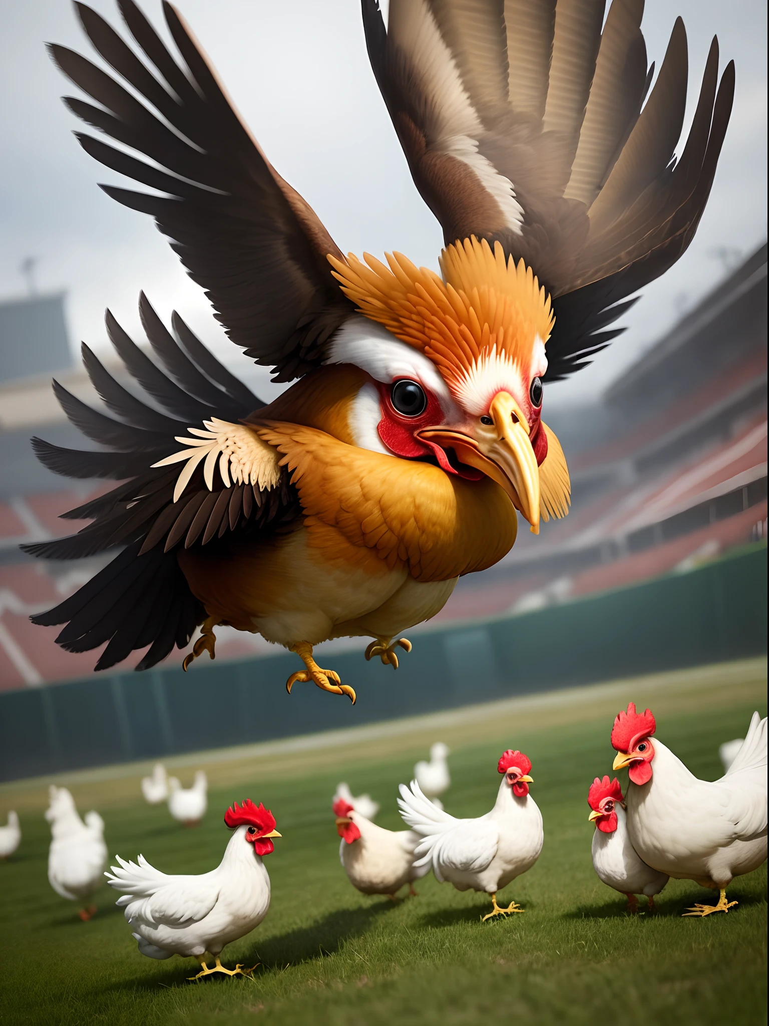 There are many chickens standing on the grass in a field - SeaArt AI