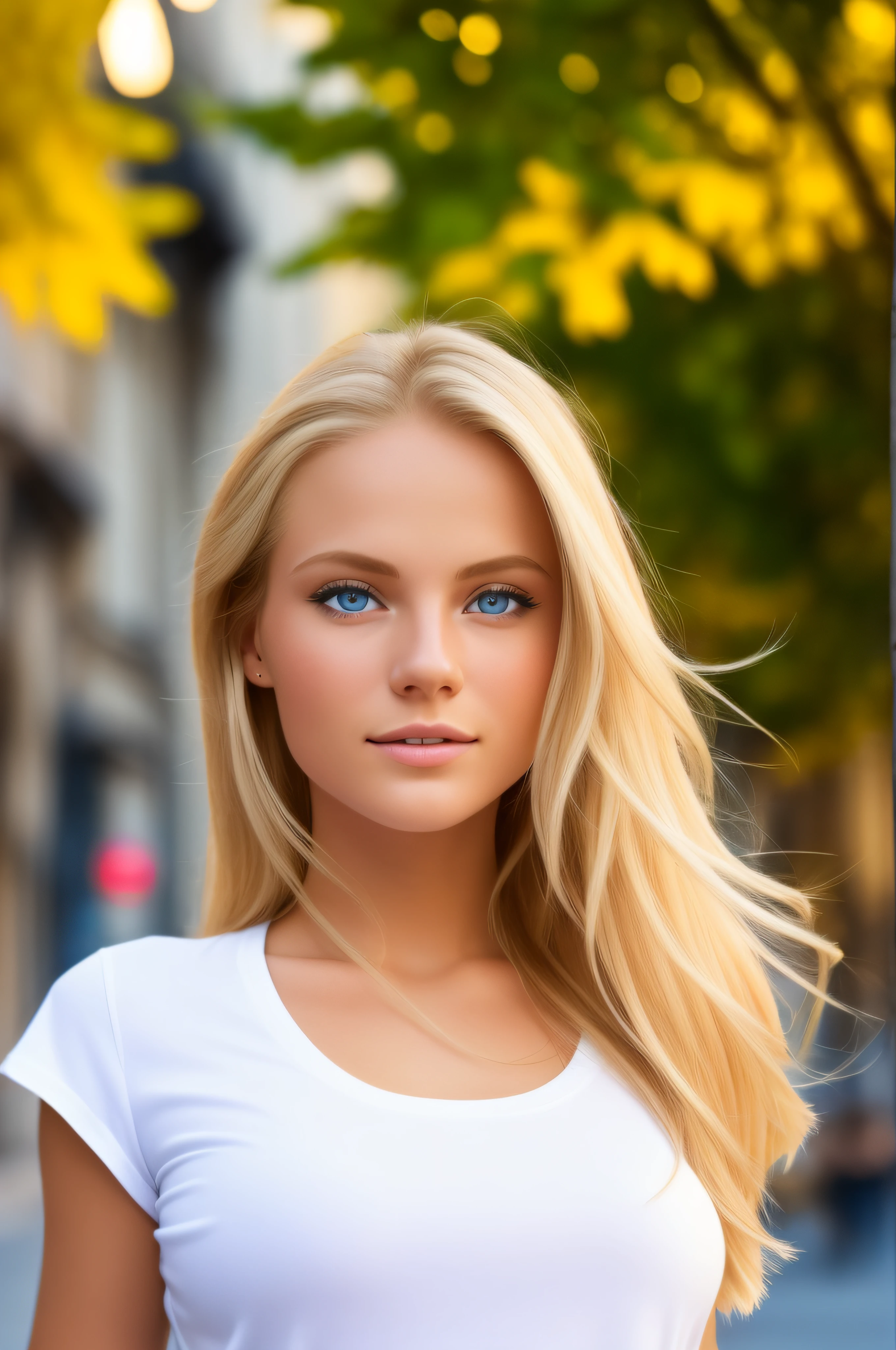 A close up of a woman with long blonde hair and blue eyes - SeaArt AI