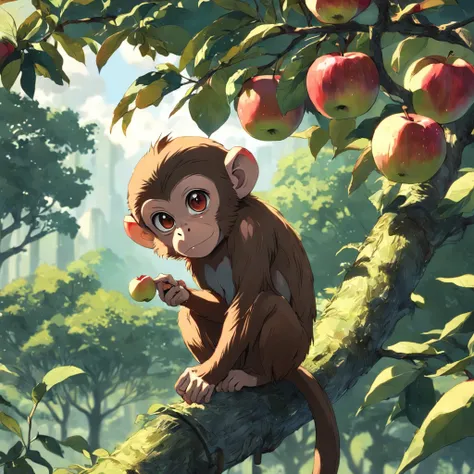 Little monkey eating apples in a tree - SeaArt AI
