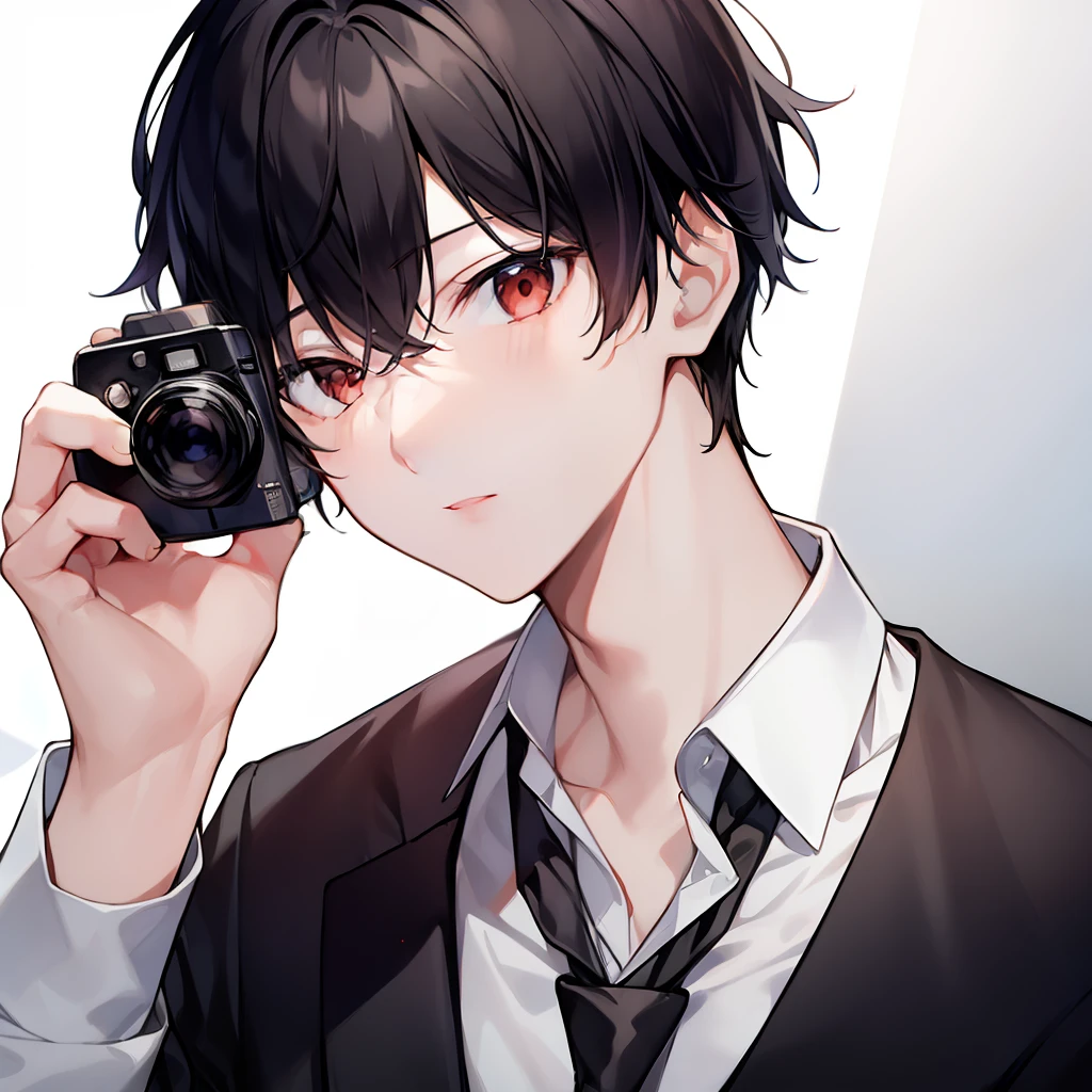 Anime boy with camera taking picture of himself in suit and tie - SeaArt AI