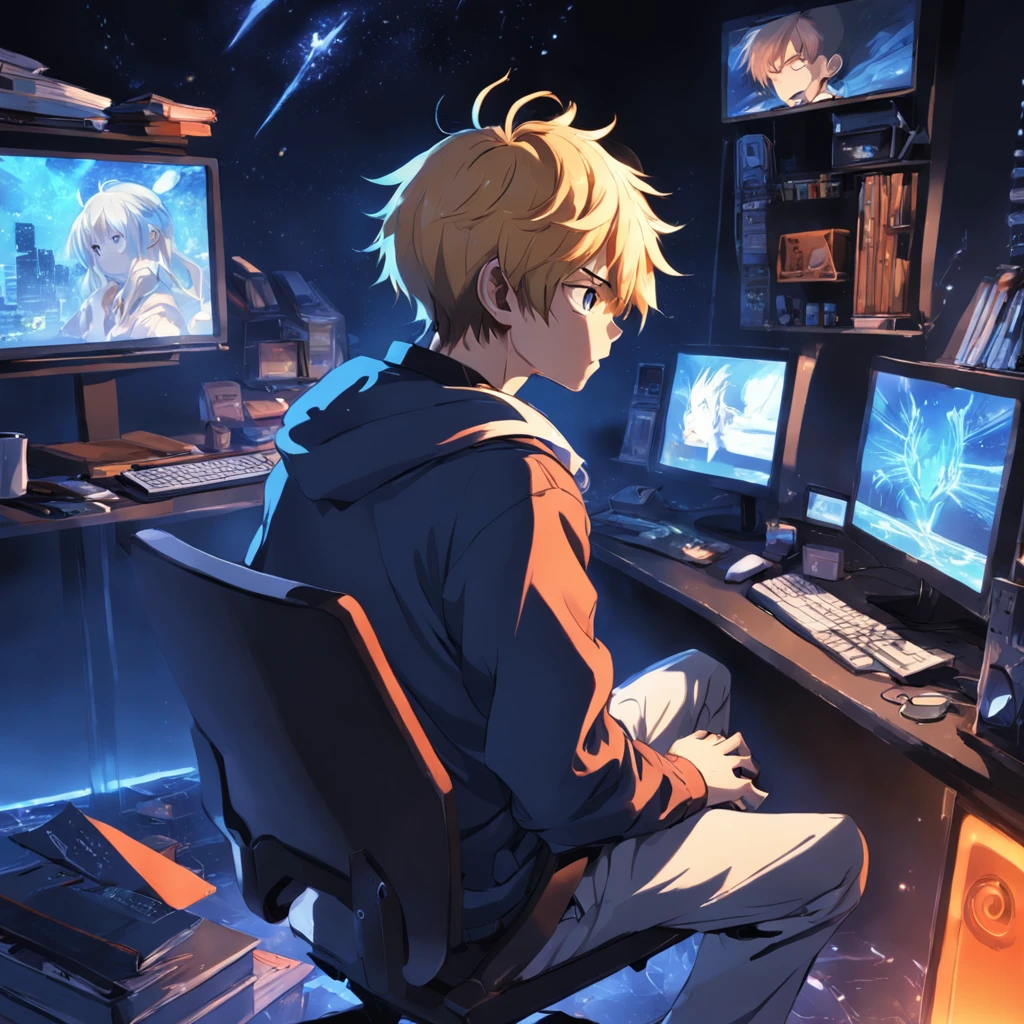 Anime boy sitting in front of a computer desk with multiple monitors ...