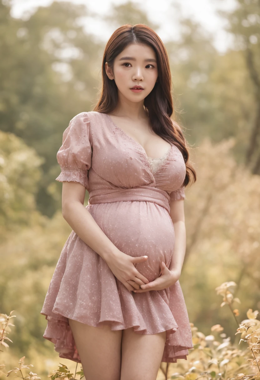 ピンクのドレスを着て野原に立っている妊婦 - SeaArt AI