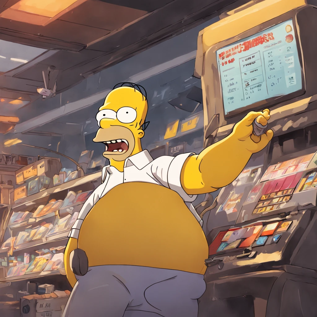 Homer Simpson sits at the cash register，Camera in hand, The expression is lazy, The Simpsons ...