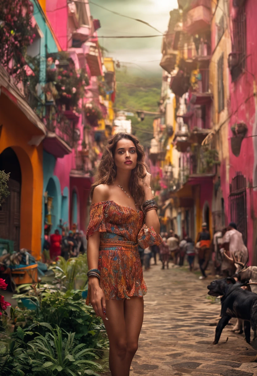 Mujer araffe con un vestido colorido caminando por una calle estrecha - SeaArt AI