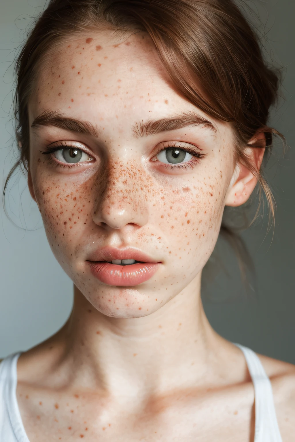 Portrait Of A Woman With Freckles On Her Face And A White Tank Top White Freckles Freckles