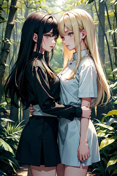 Two girls，Same stature，One black hair and one blonde，Hold each other，The two bodies are close ...