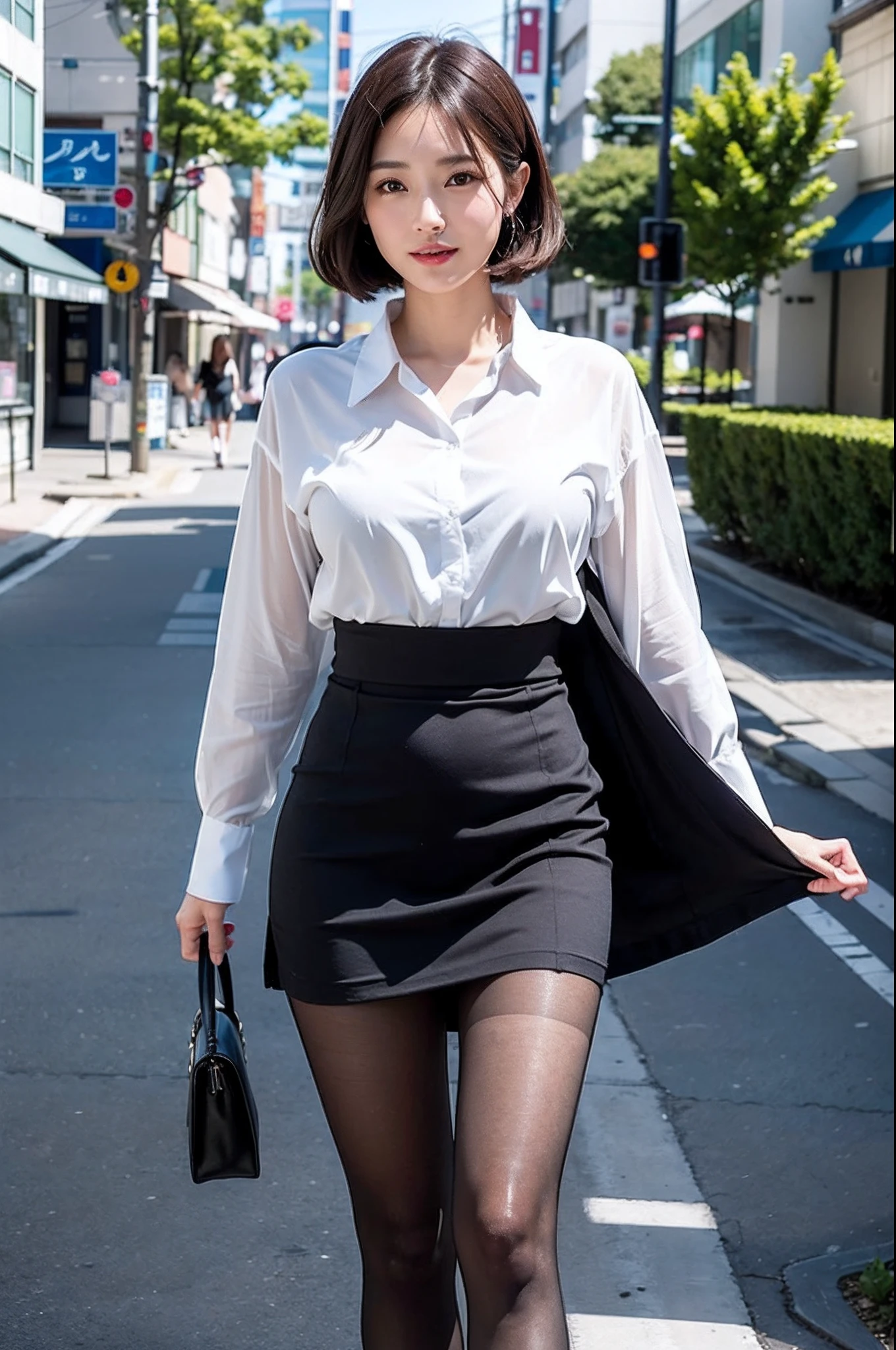 スカートと白いシャツを着たアラフェの女性が通りを歩く - SeaArt AI