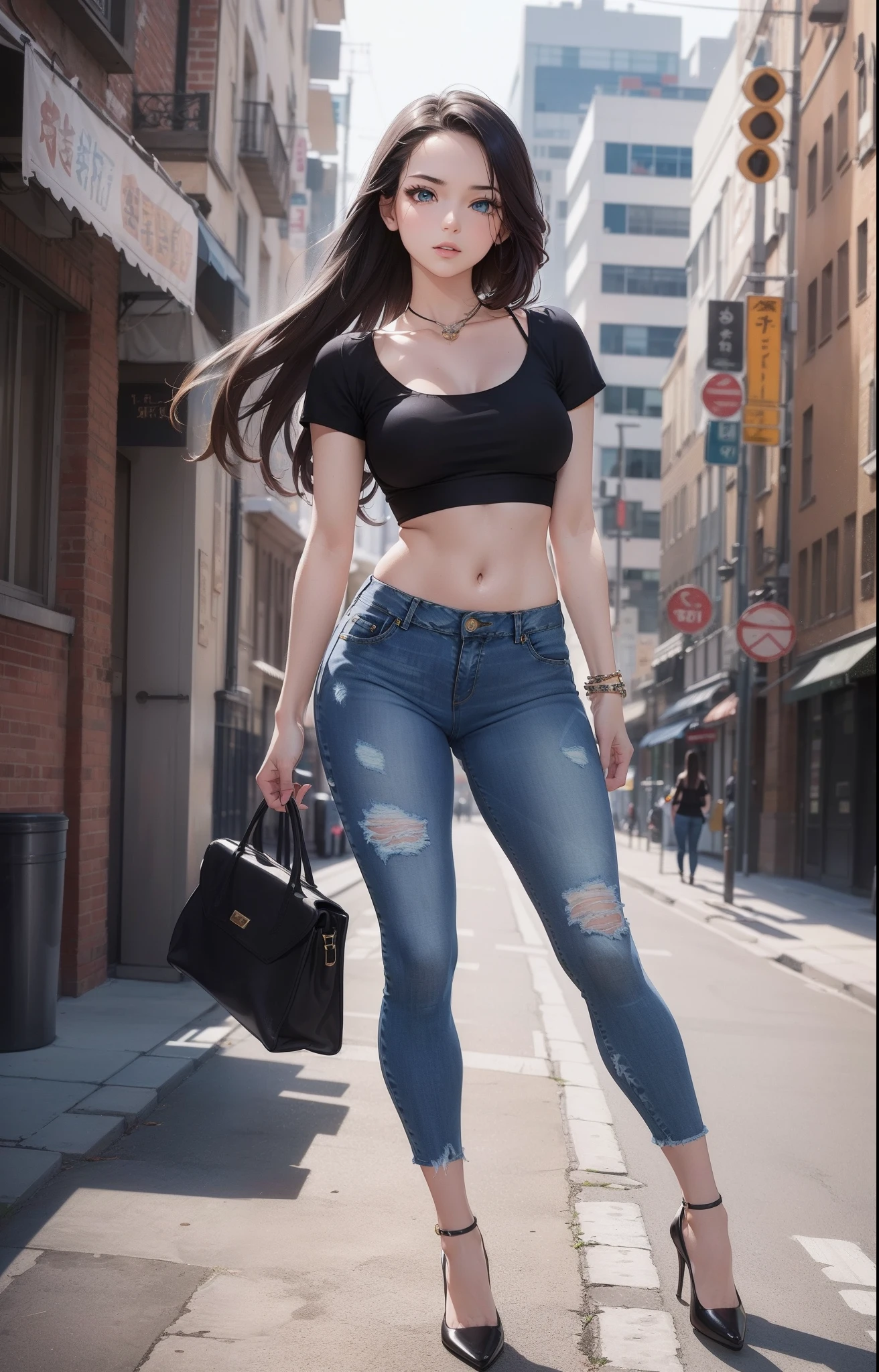 A woman in a black top and jeans standing on a city street - SeaArt AI