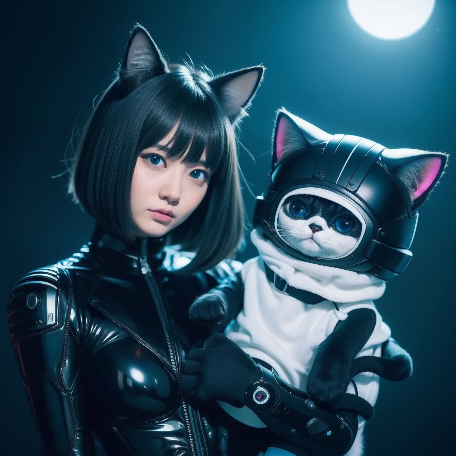 猫の着ぐるみを着て猫を抱いている女性のクローズアップ Seaart Ai