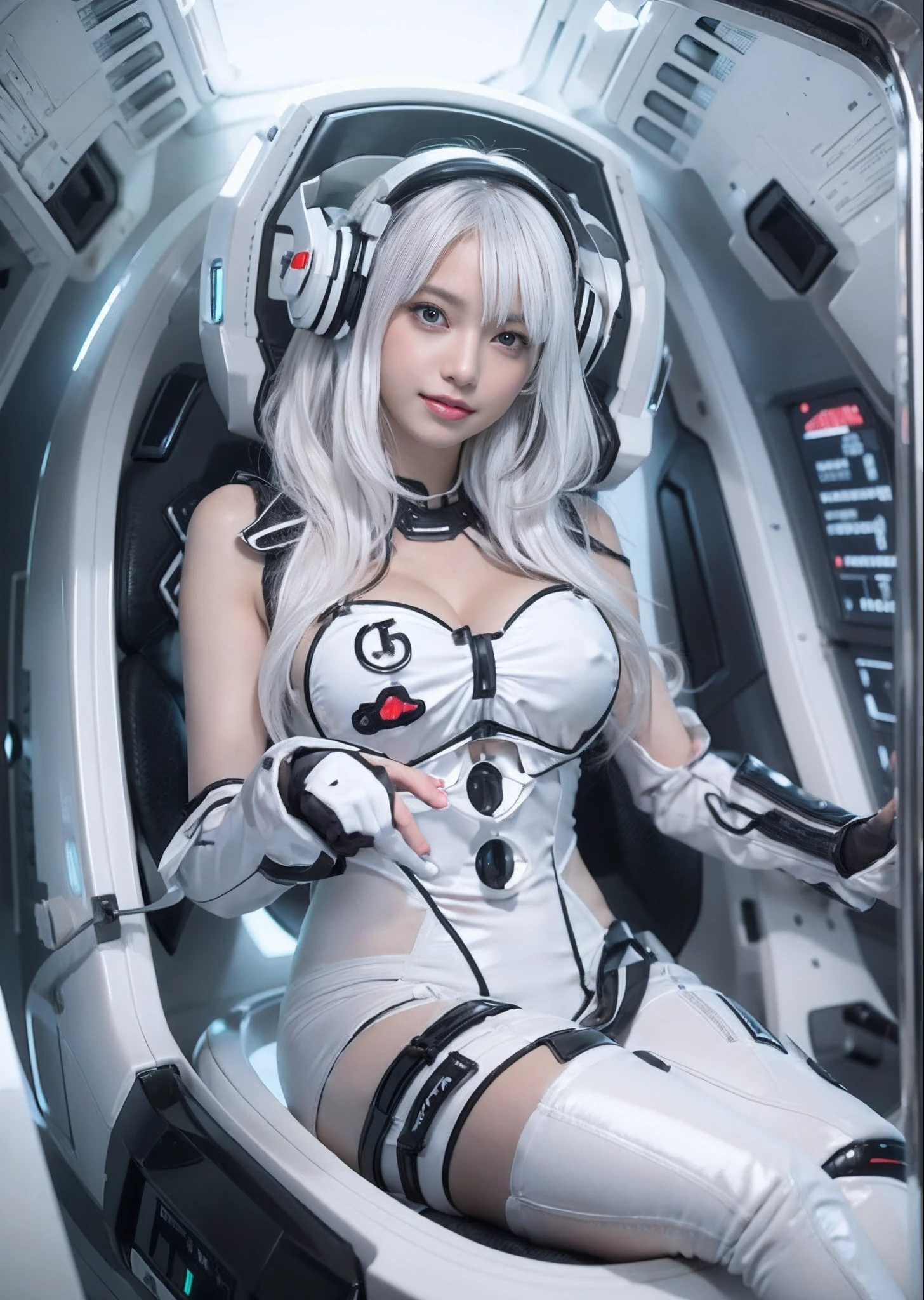 Arafed woman in a futuristic suit sitting in a spaceship - SeaArt AI