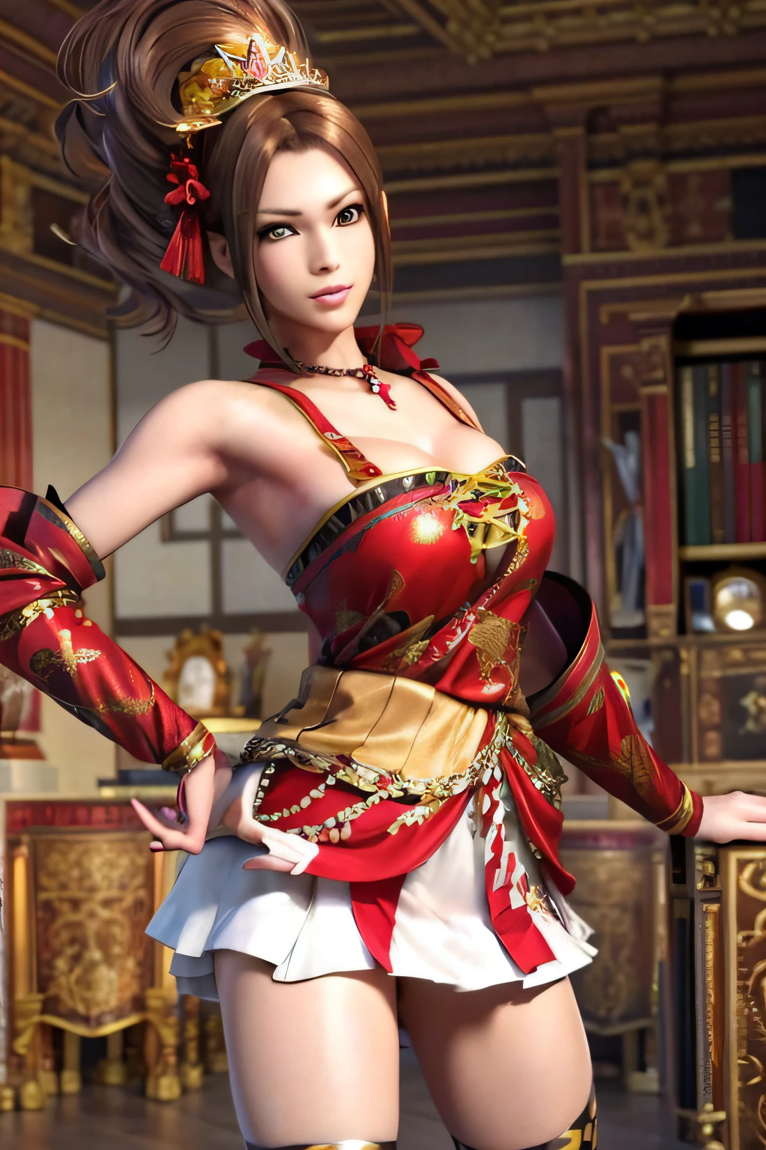 A woman in a red and gold outfit posing for a picture - SeaArt AI