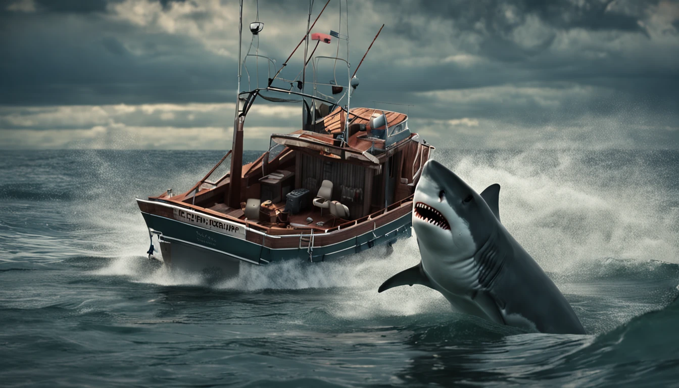 Megalodon shark attacking fishing boat - SeaArt AI