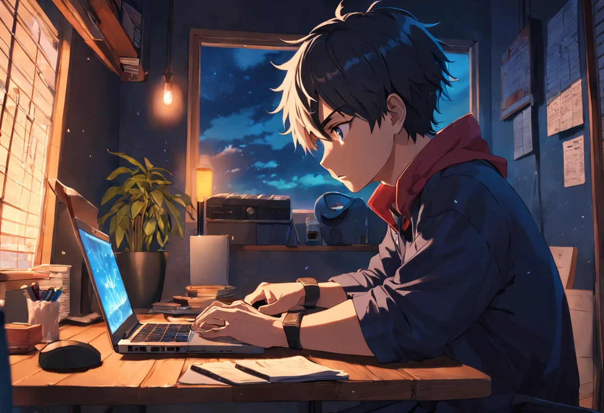 Anime boy sitting at a desk with a laptop computer - SeaArt AI