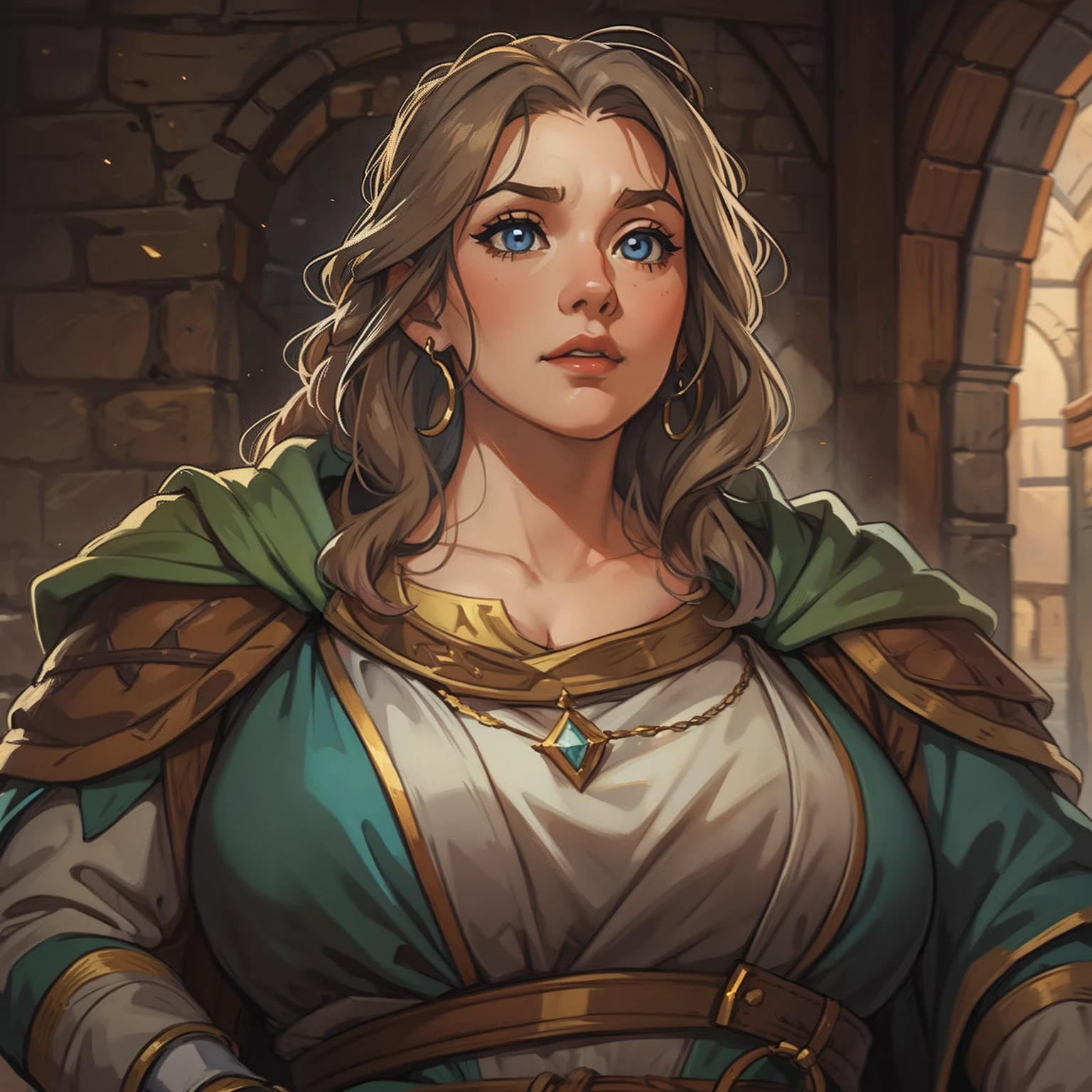 a portrait of a random curvy woman, an NPC for a medieval RPG wearing medieval costumes in a ...