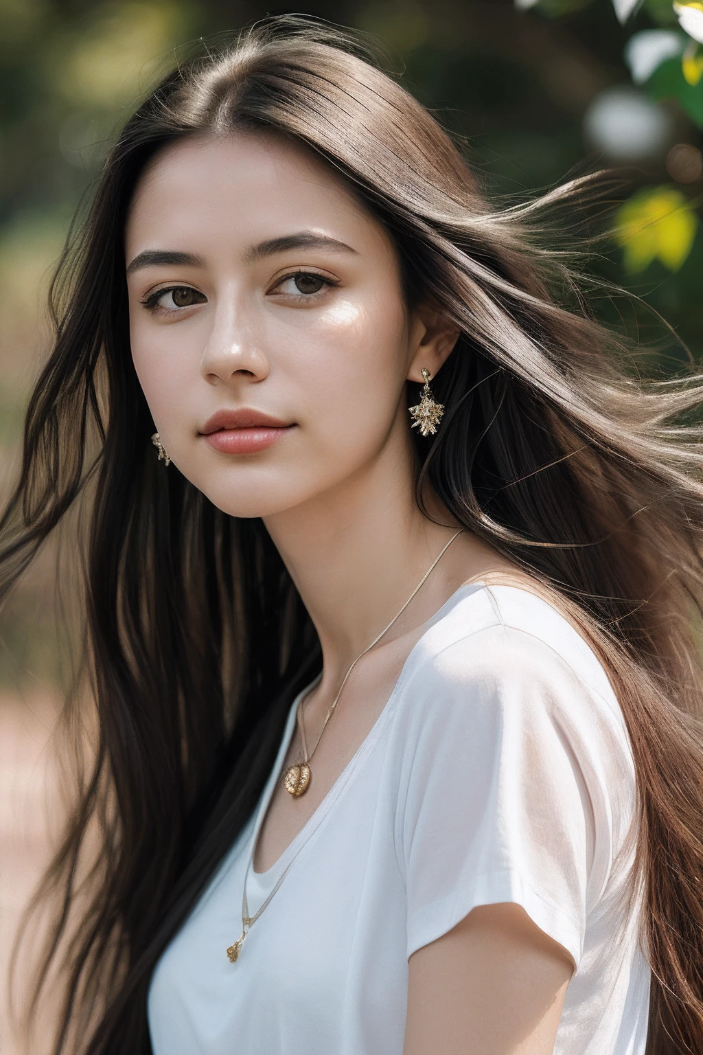 A woman with long hair wearing a white shirt and earrings - SeaArt AI