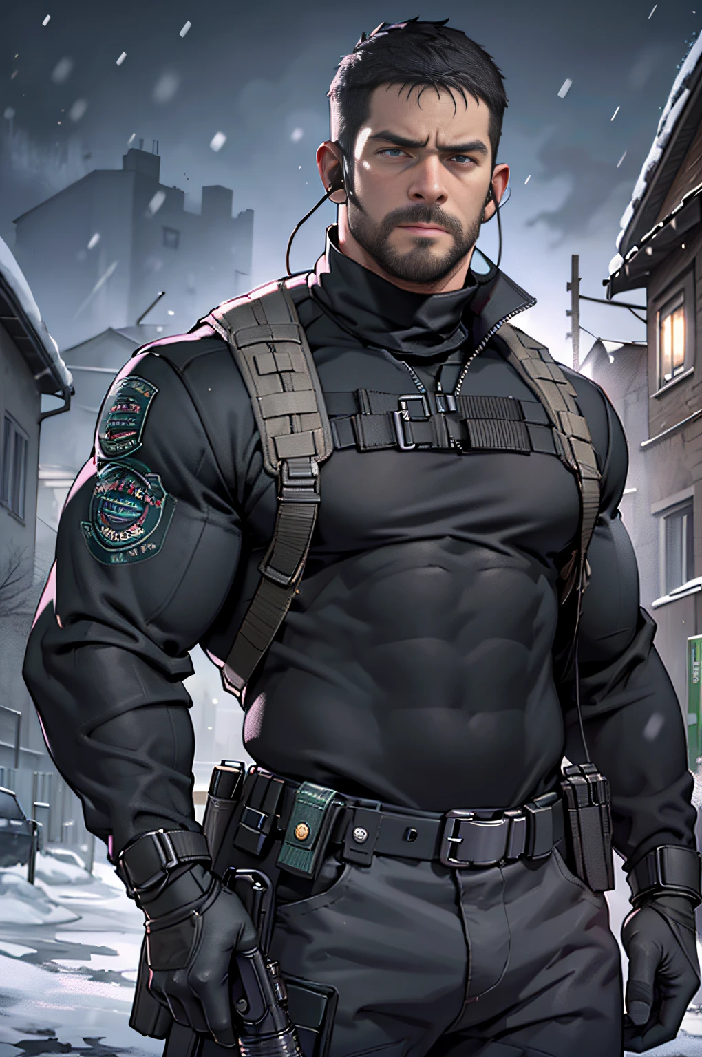 A close up of a man in a black uniform holding a gun - SeaArt AI