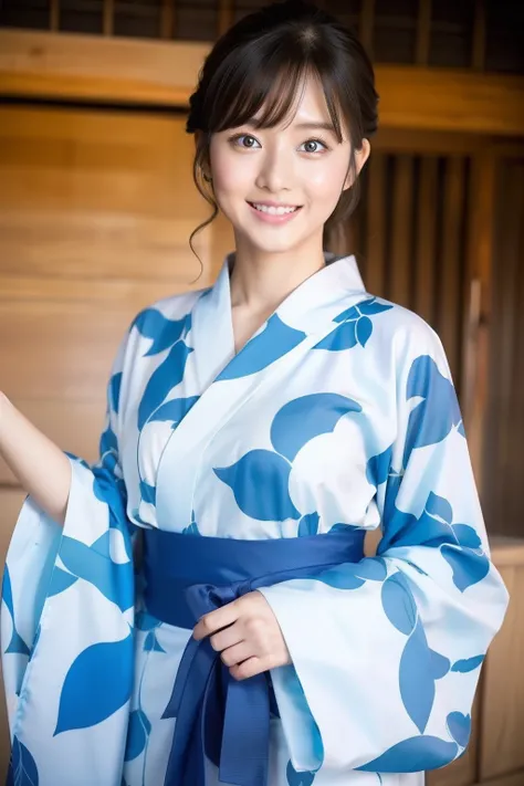 neat girl、a 25 year old girl、Yukata beauty、Floral yukata、light blue yukata、fully body photo ...