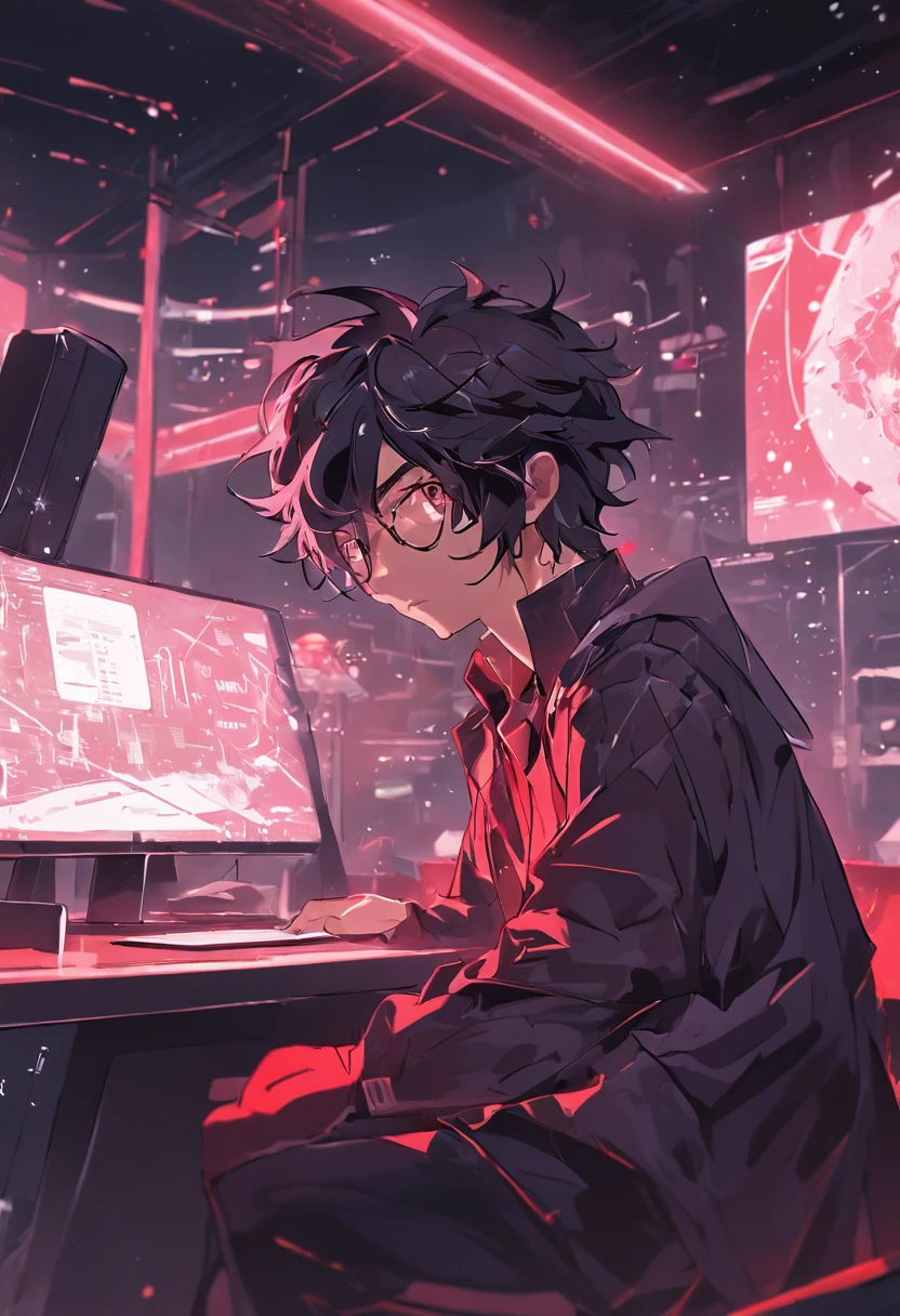 Anime boy sitting at a desk with a laptop in front of him - SeaArt AI