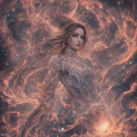 inconceivable and spectacular a scene of emergence of a FEMININe figure from the glowing cloud ...