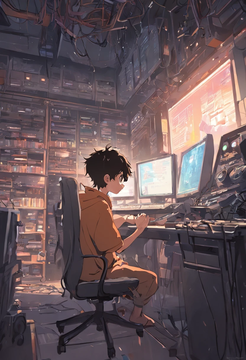 Anime boy sitting in front of a computer desk with two monitors - SeaArt AI