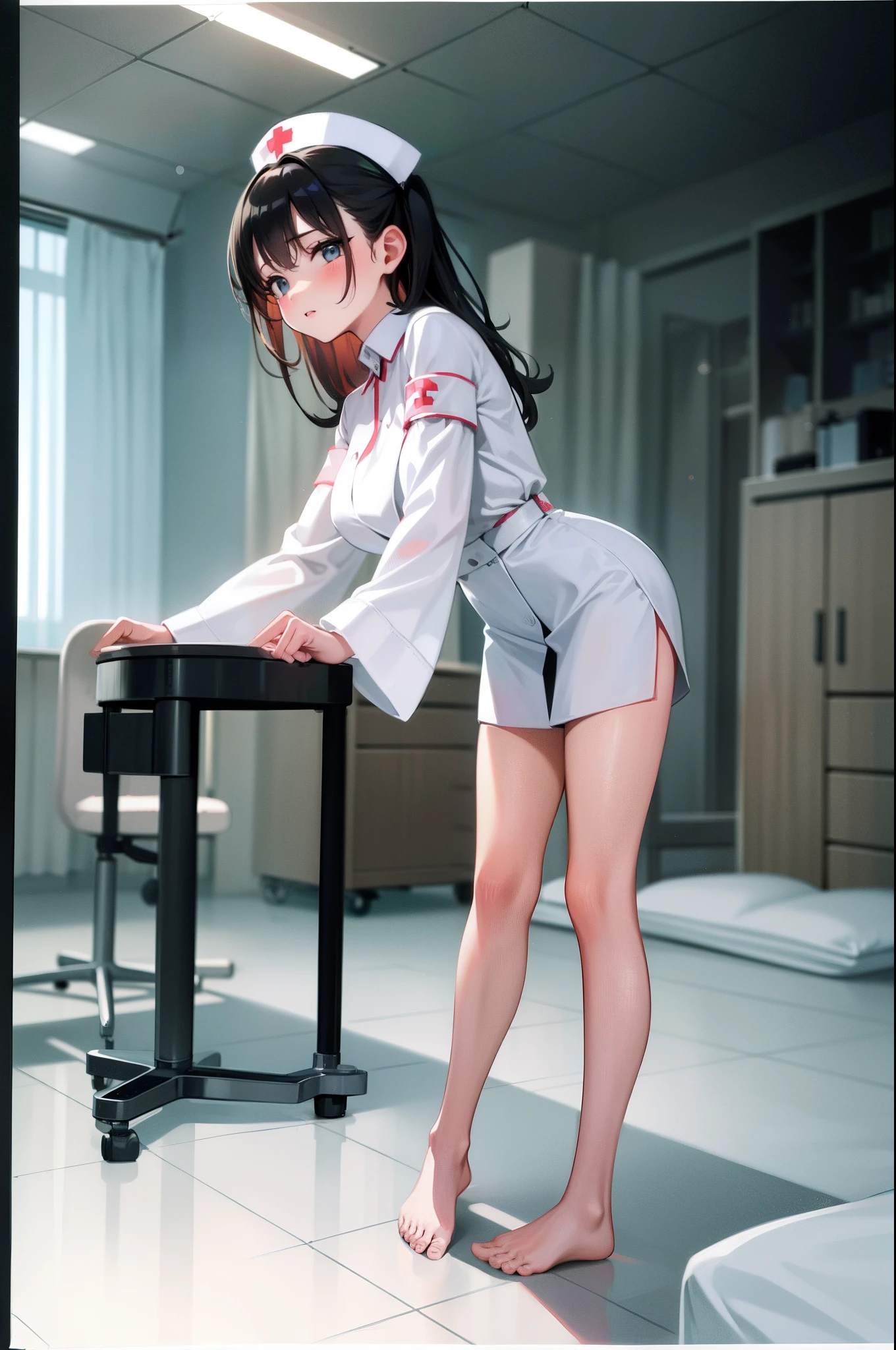 A close up of a woman in a uniform leaning on a table - SeaArt AI