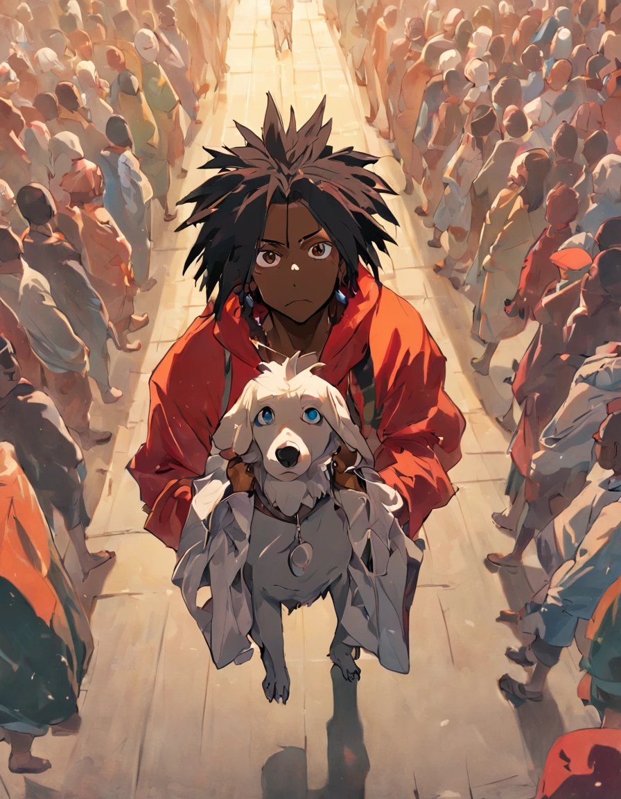 Anime boy with a dog in his arms in a crowded street - SeaArt AI