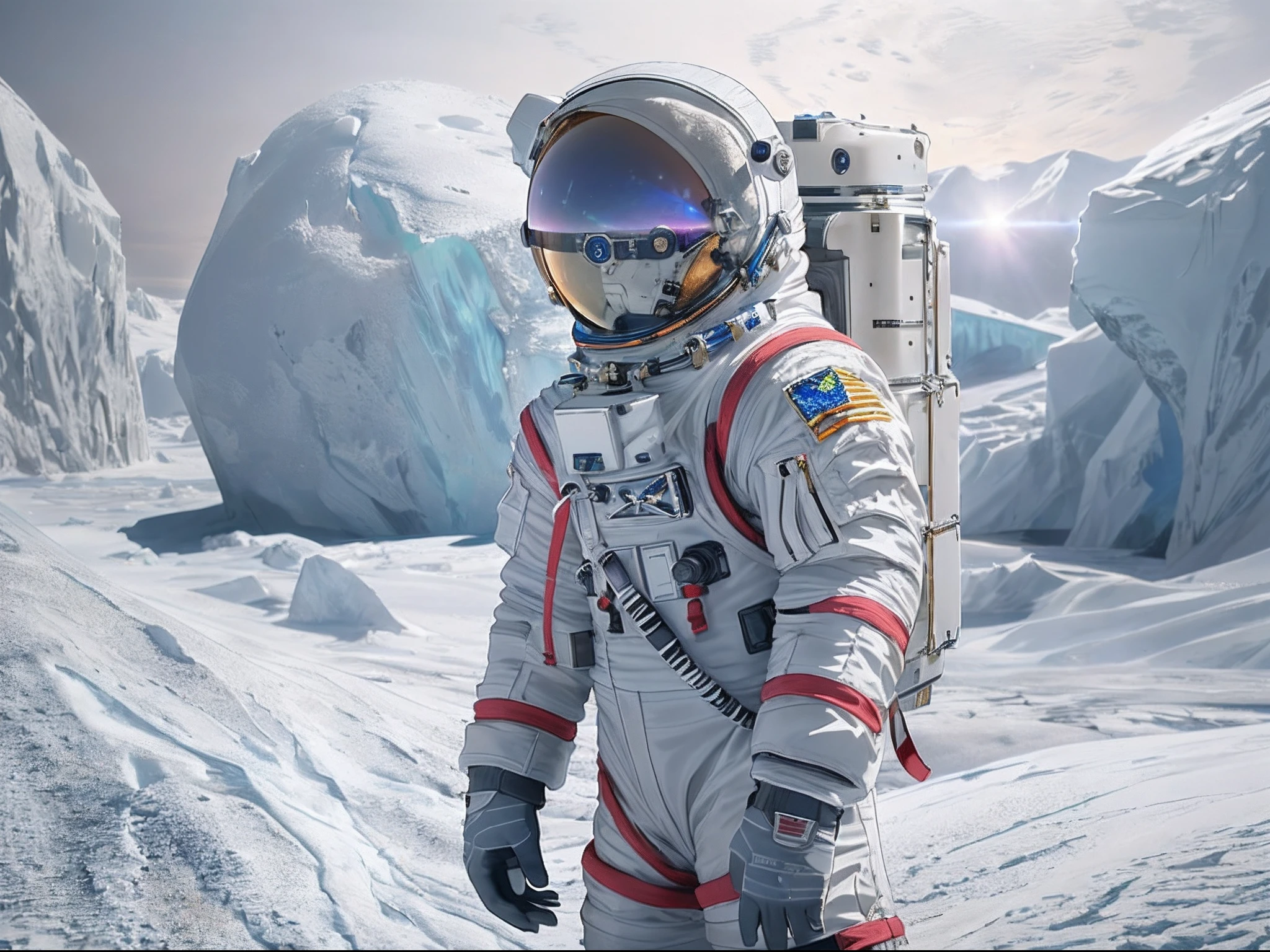 Astronaut in space suit standing in front of a mountain with a flag - SeaArt AI