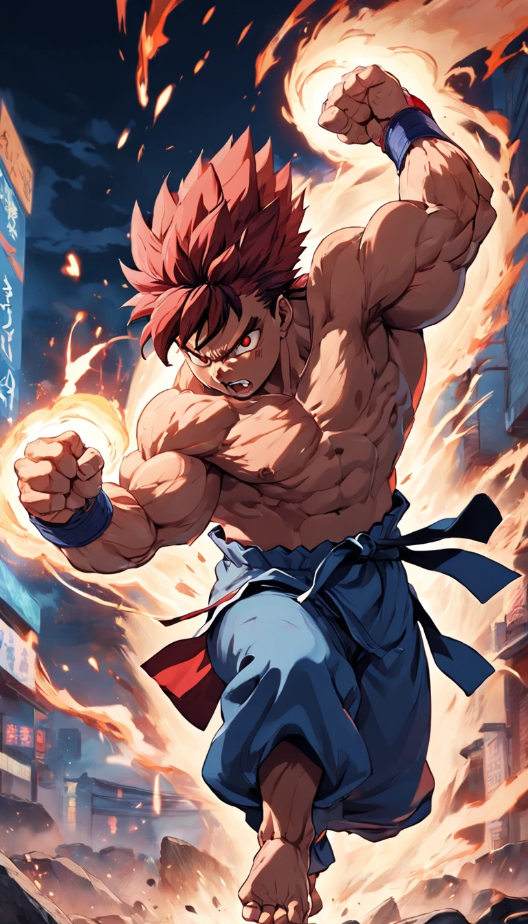 Ryu usando o hadouken , Scenario with destruction , imagem do akuma de fundo , Street Fighter ...