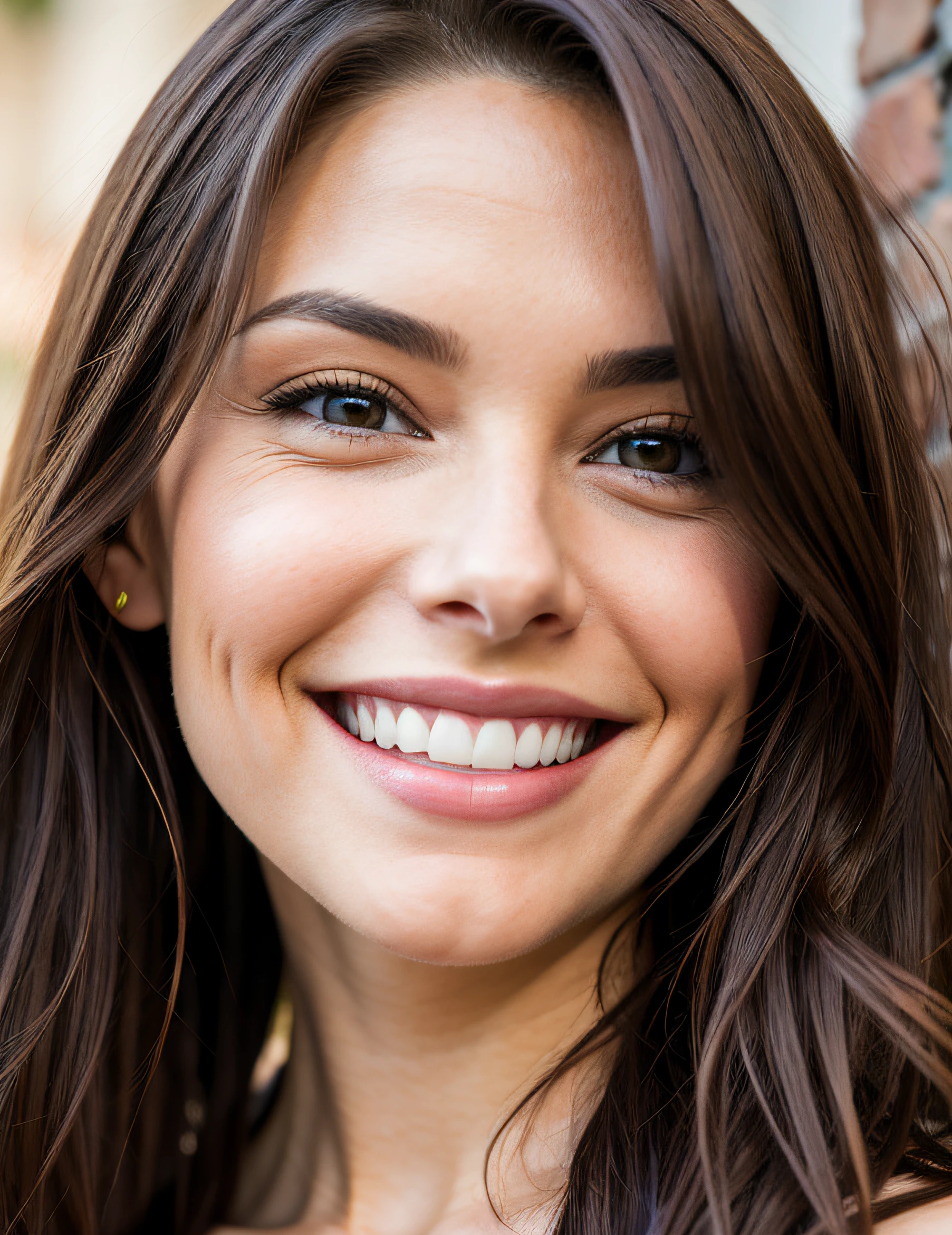 Smiling woman with long brown hair and a white smile - SeaArt AI