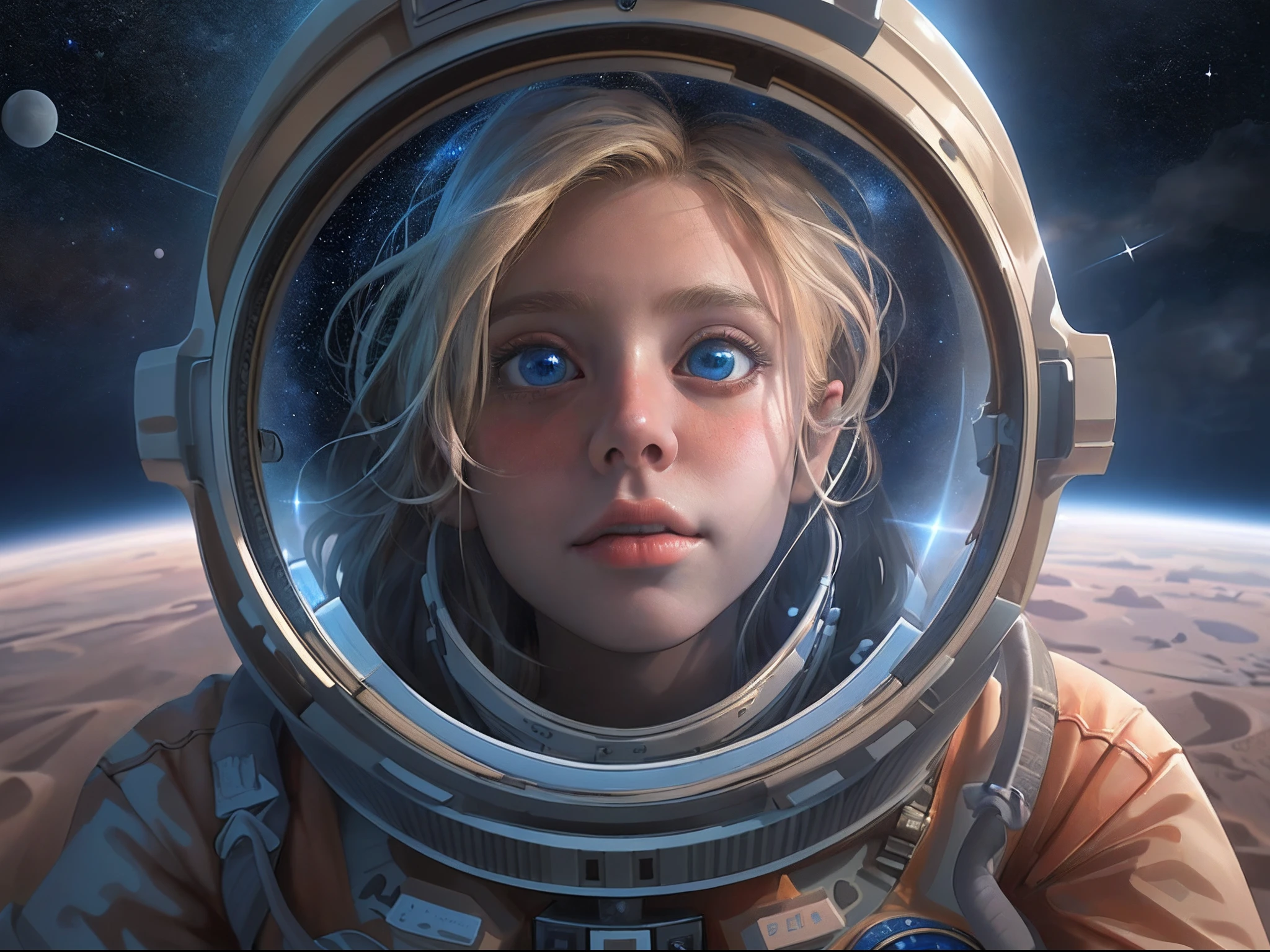 there is an illustration of a fairy astronaut standing on Mars looking into space seeing the ...