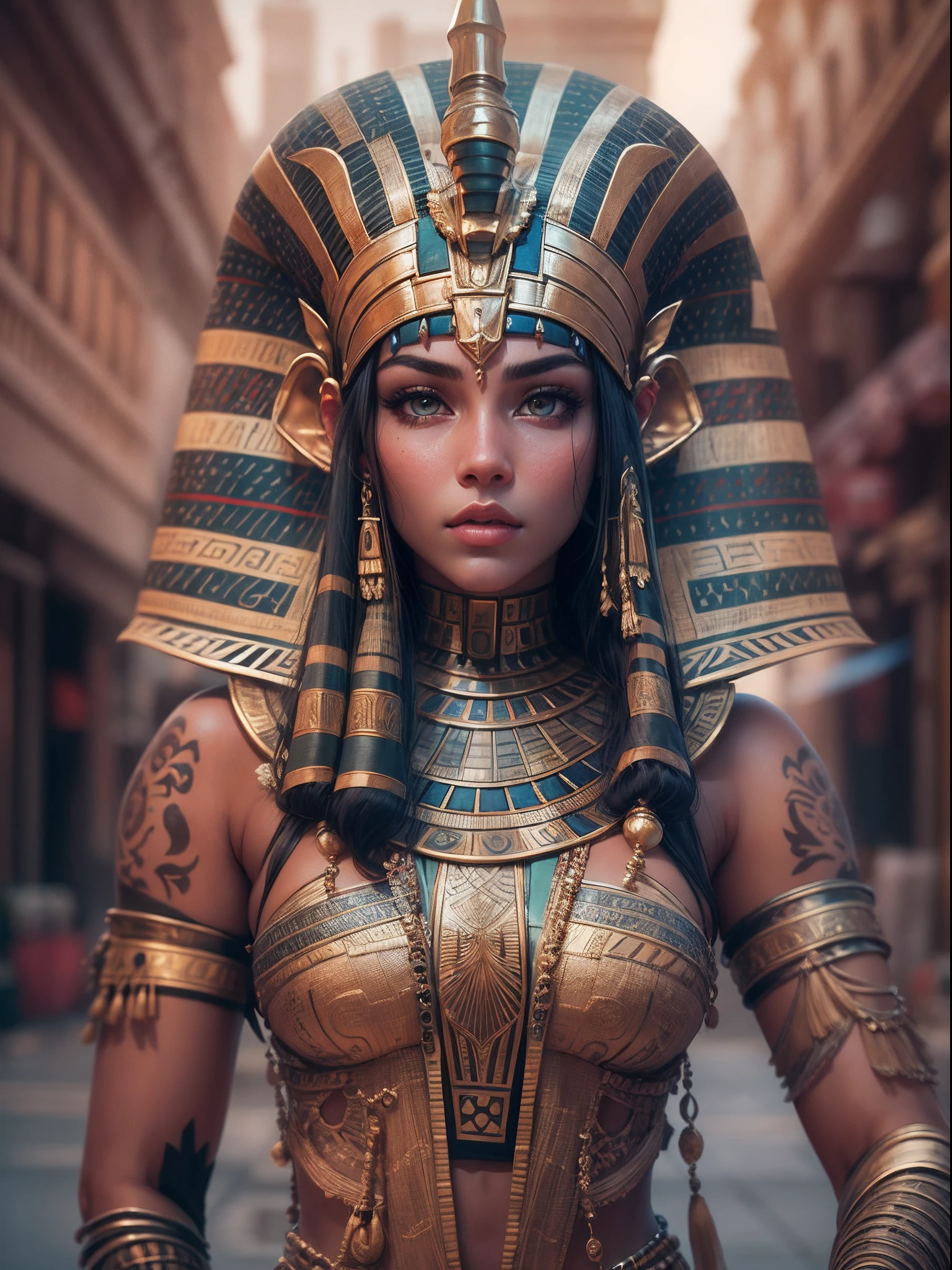 A very realistic and very detailed photo，A beautiful Egyptian pharaoh woman in the city of the ...
