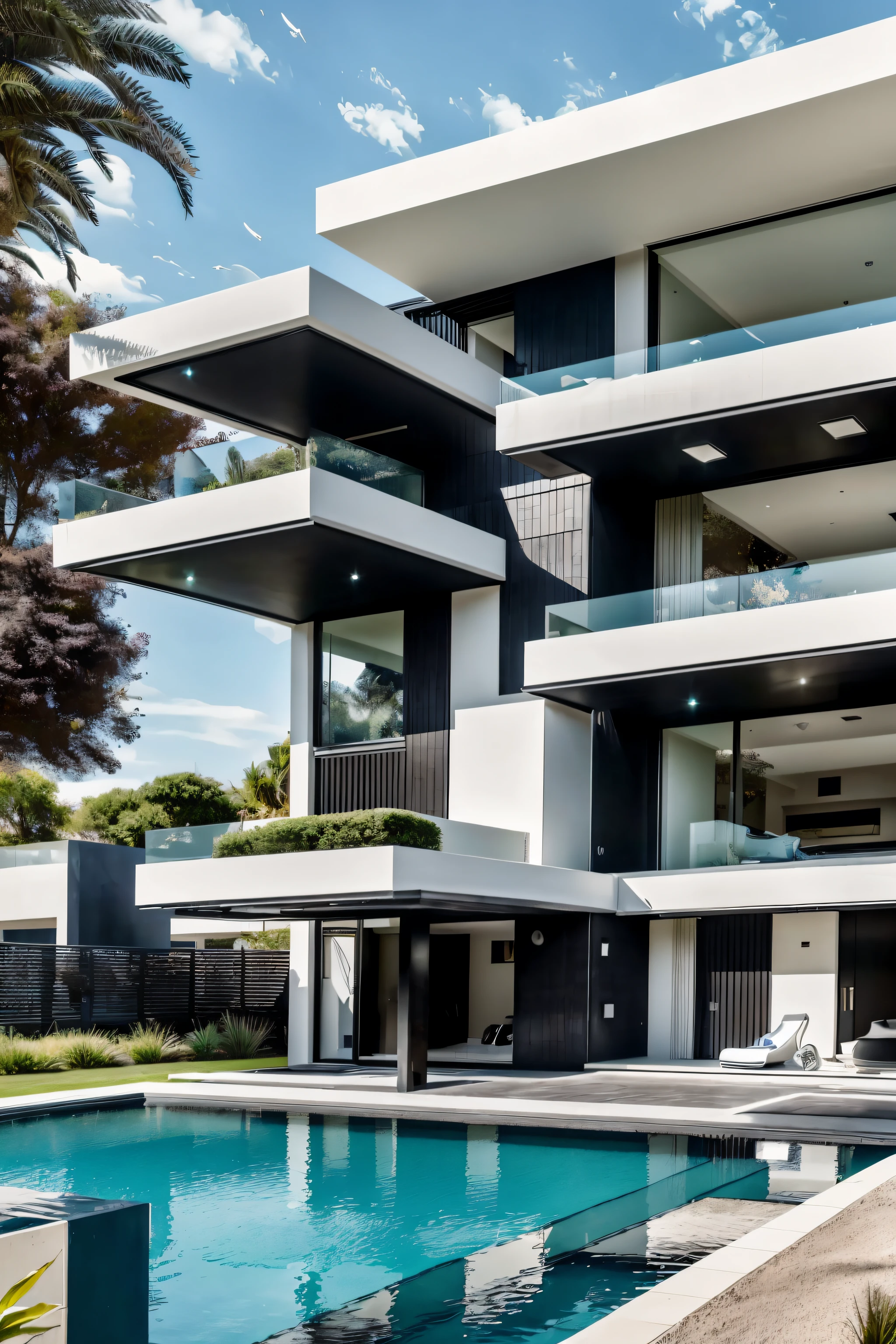 A large modern house with a pool and a large balcony - SeaArt AI